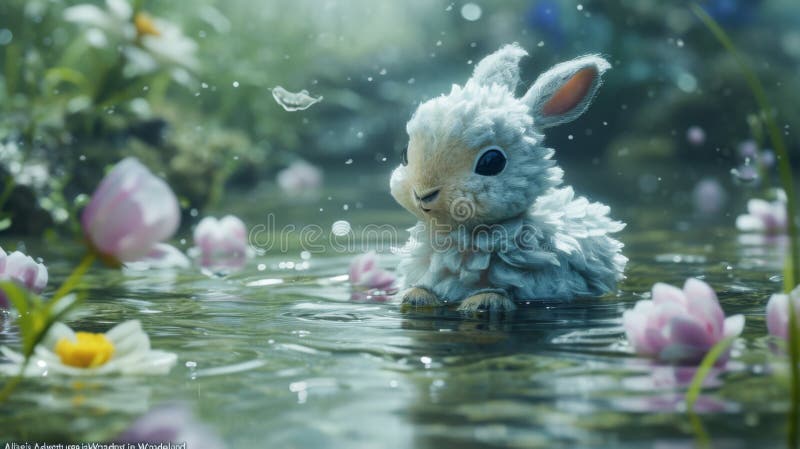 A Small Rabbit is Sitting in a Puddle of Water Surrounded by Flowers ...