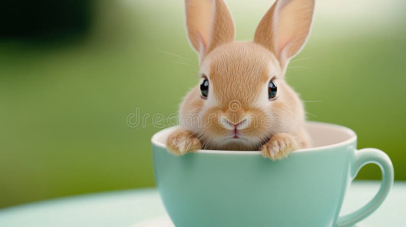 A Small Rabbit Sitting in a Teacup on Top of Green Grass, AI Stock ...