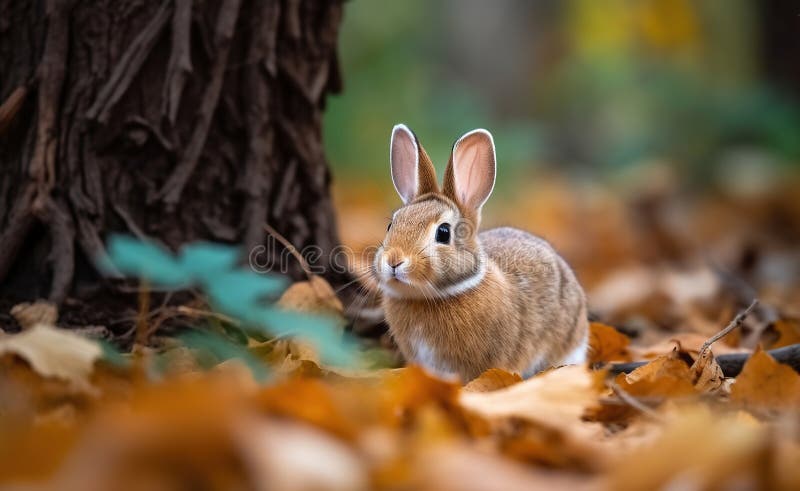 A Small Rabbit is Standing in the Leaves Near a Tree. Generative AI ...