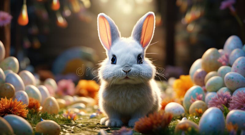 Small Rabbit Stands on Ground with Lots of Easter Eggs, Stock Image ...