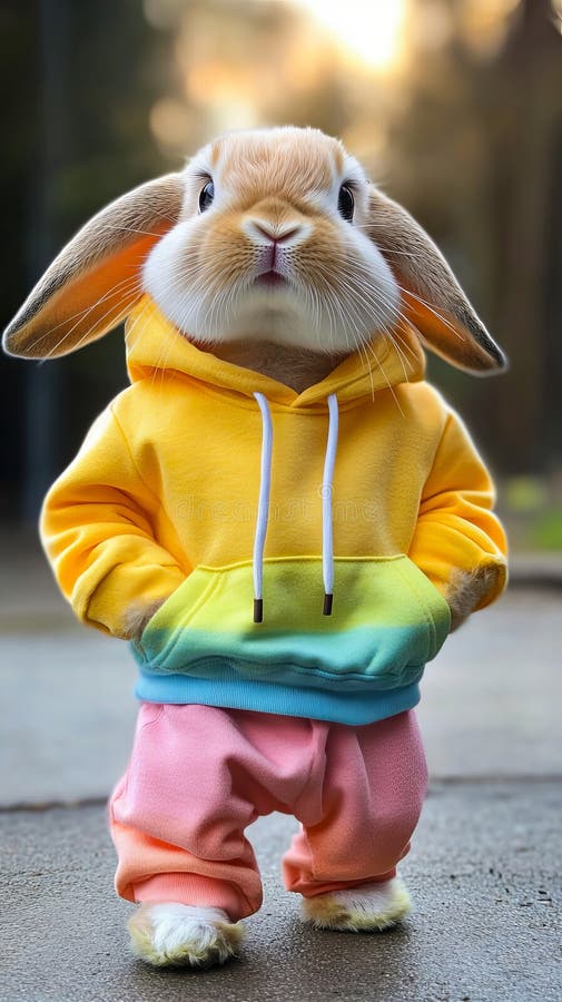 A Small Rabbit Wearing a Colorful Hoodie Standing on a Sidewalk Stock ...