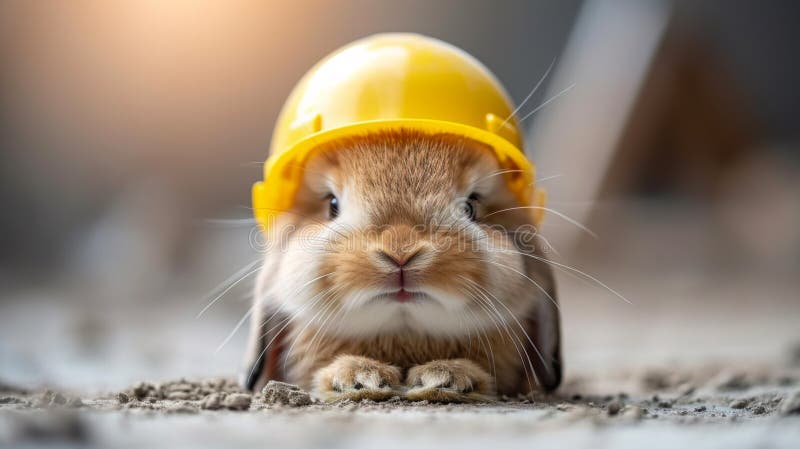 A Small Rabbit Wearing a Yellow Hard Hat on the Ground, AI Stock Image ...