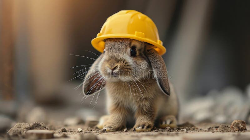 A Small Rabbit Wearing a Yellow Hard Hat on the Ground, AI Stock Image ...