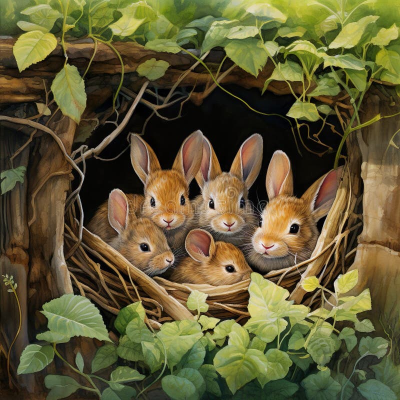Small Rabbits Huddled Together in a Nest Made of Tree Branches and ...