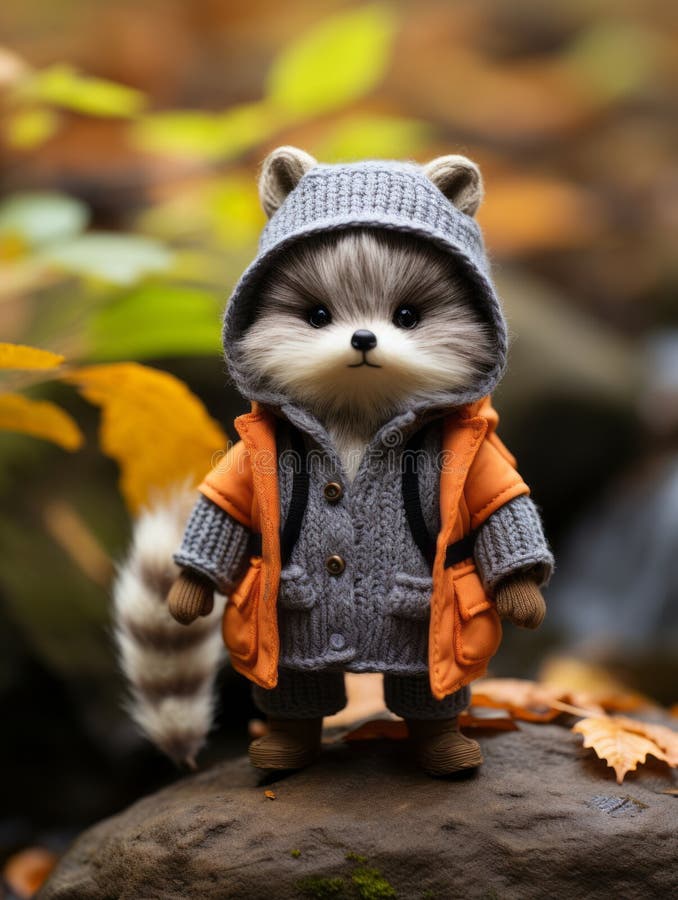 A Small Raccoon Dressed in an Orange Jacket Standing on a Rock Stock ...