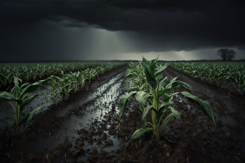 Small Rain Over Corn Sapling Field in the Morning Stock Illustration ...