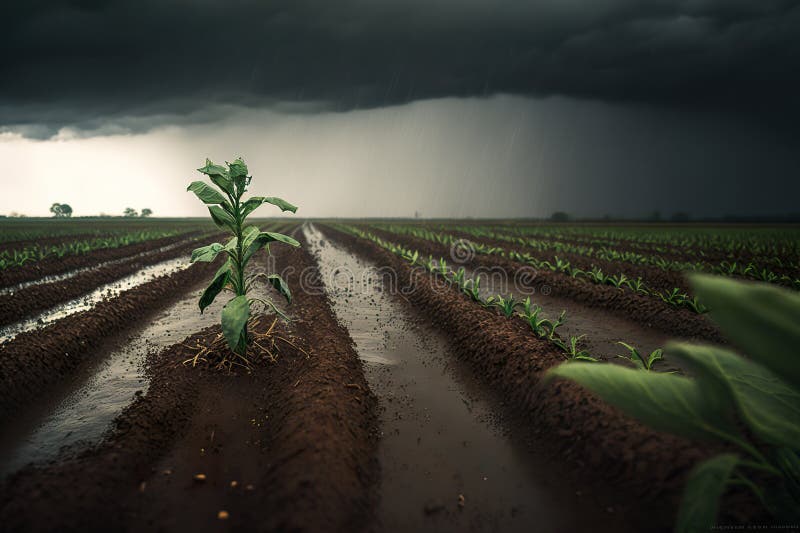 Small Rain Over Corn Sapling Field in the Morning Stock Illustration ...