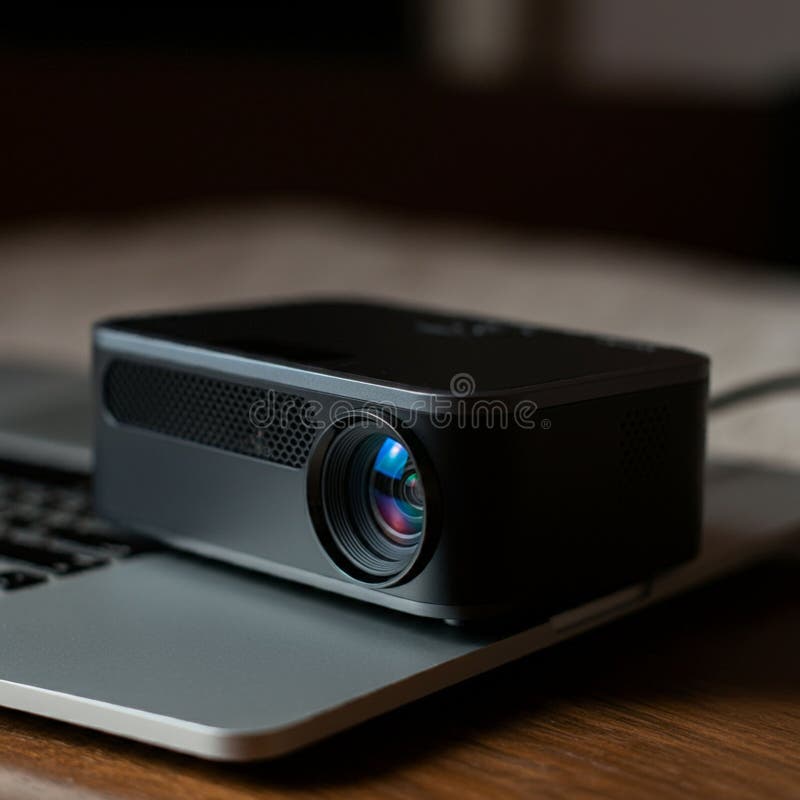 A Small, Rectangular, Black Projector Rests Atop a Laptop with a Silver ...
