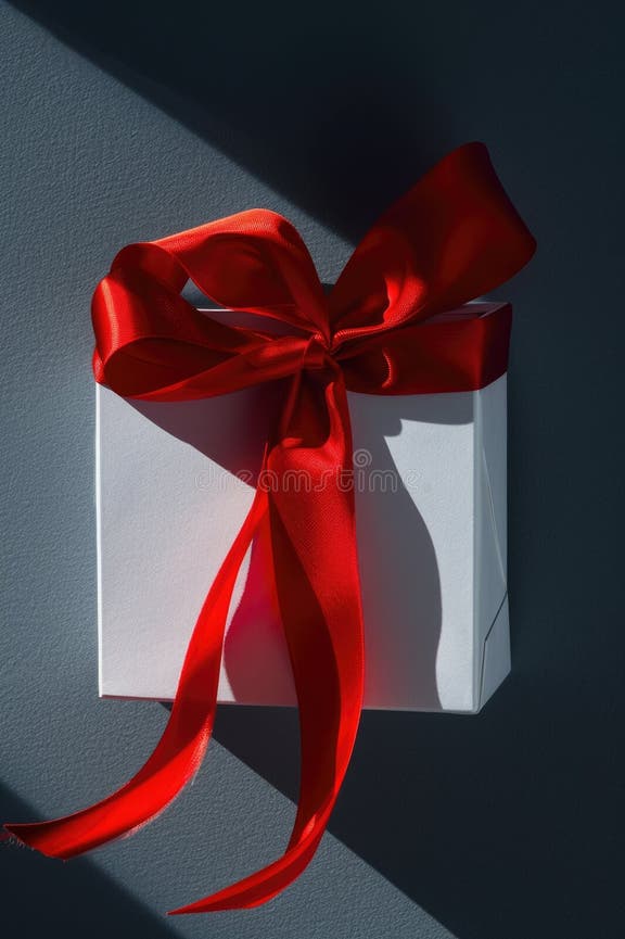 A Small, Rectangular Box with a Bright Red Ribbon Wrapped Around it ...