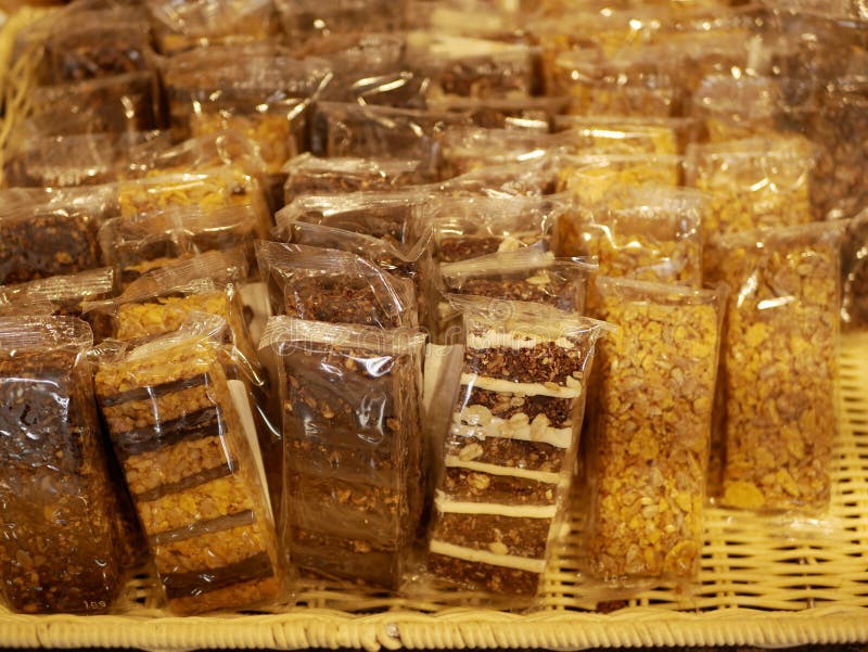 Small Rectangular Multicolored Cereal Cookies in Transparent Packaging ...
