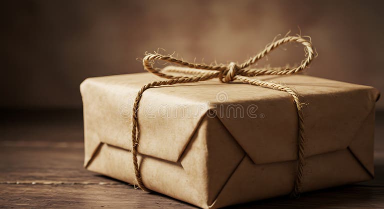 A Small, Rectangular Parcel Wrapped in Brown Paper is Tied with a ...