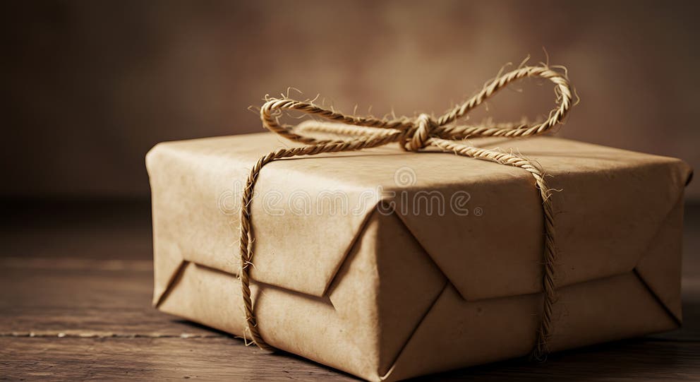 A Small, Rectangular Parcel Wrapped in Brown Paper is Tied with a ...