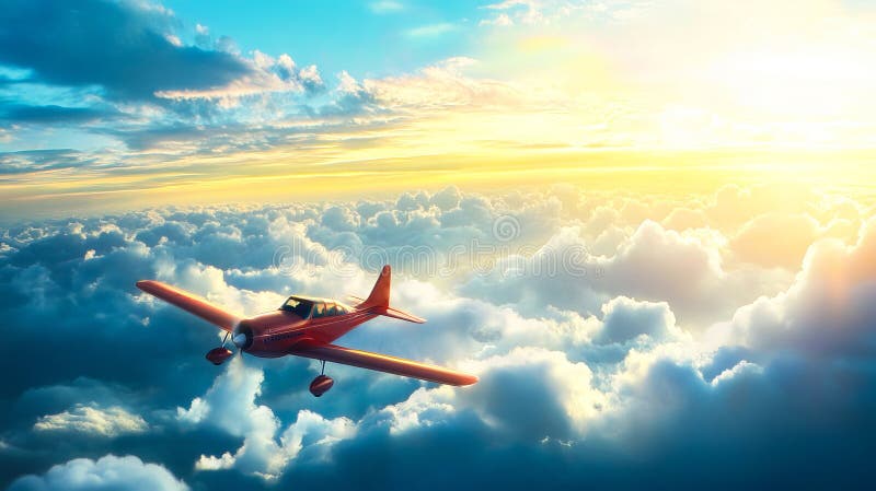 A Small Red Airplane Flying Above the Clouds in the Sky Stock Photo ...