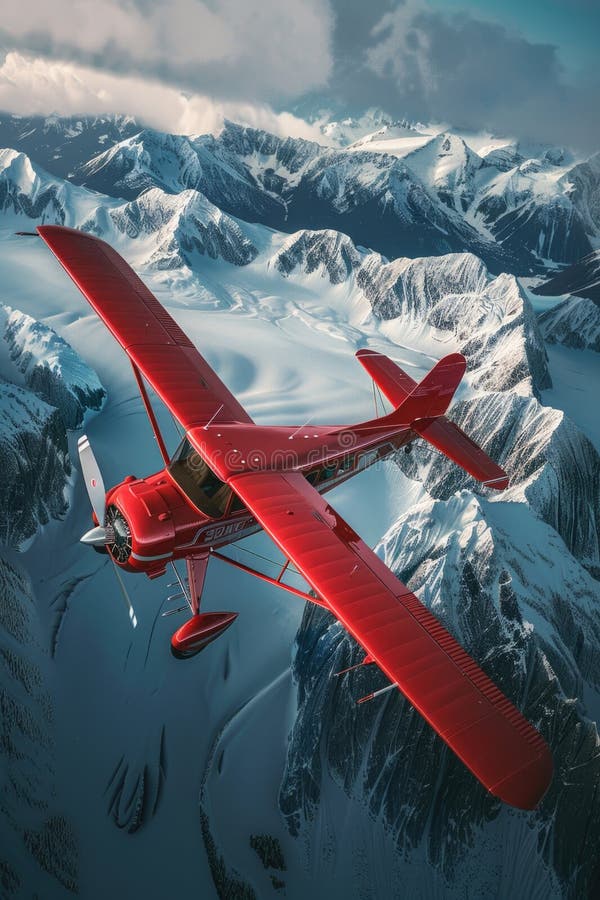 A Small Red Airplane Soars Above the Snowy Mountains, with a Clear Blue ...