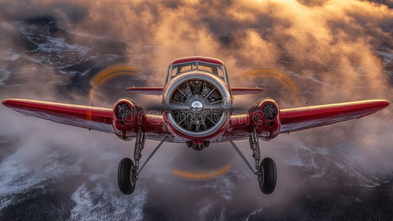 A Small Red Airplane Soars through Fluffy White Clouds in a Bright Blue ...