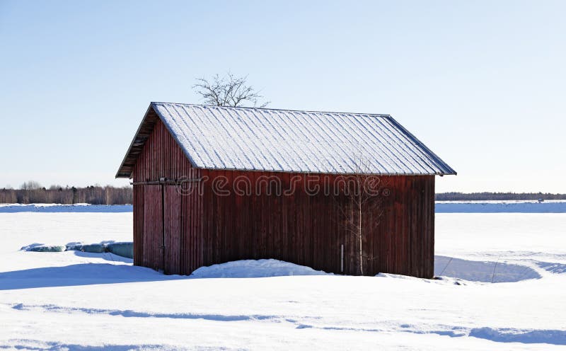 A Small Red Barn in a Sunny Winter Landscape Stock Photo - Image of ...