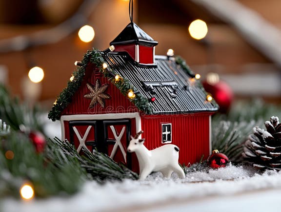 A Small Red Barn with a White Reindeer in Front of it Stock Image ...