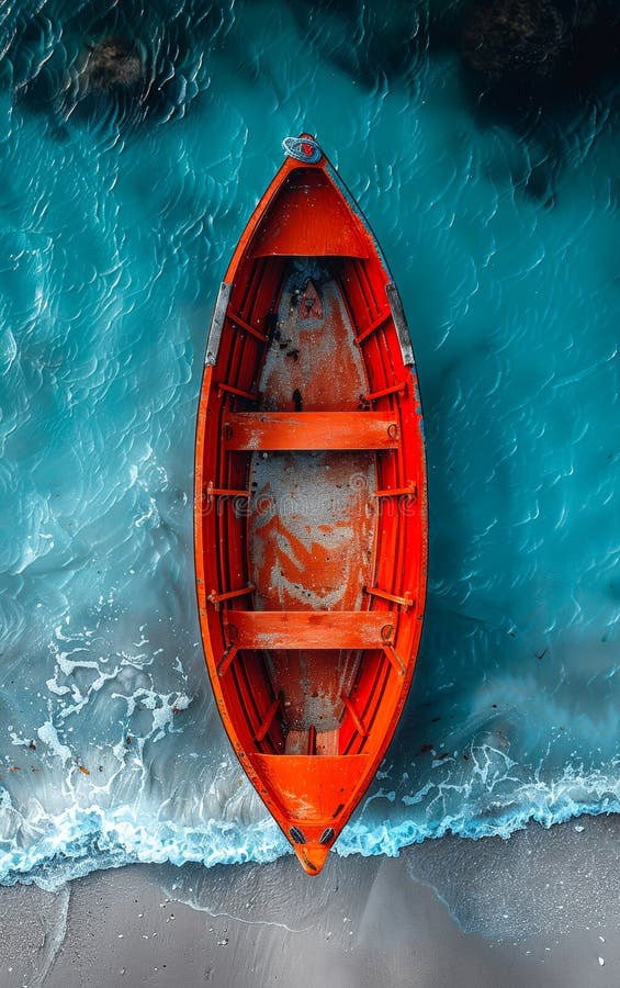 A Small Red Boat is Floating in the Ocean. the Water is Blue and the ...