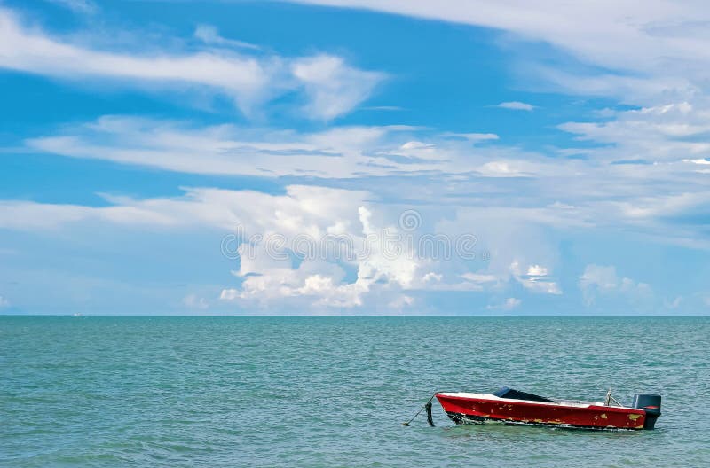 A Red Boat in Ocean with Blue Sky Stock Photo - Image of boat, bright ...