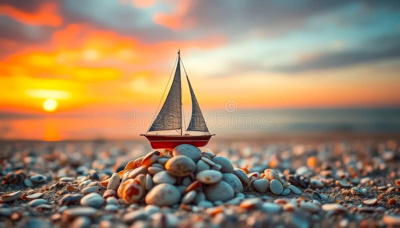 Small Red Boat Sitting Pile Rocks Beach Stock Photos - Free & Royalty ...