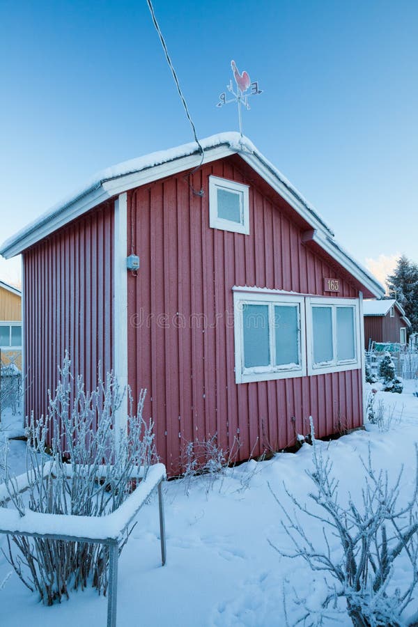 Small red cabin at winter stock image. Image of allotment - 38175767