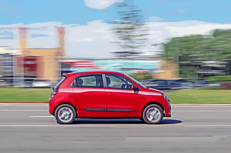 A Small Red Car is Driving on the Road. Drawn Illustration with a ...