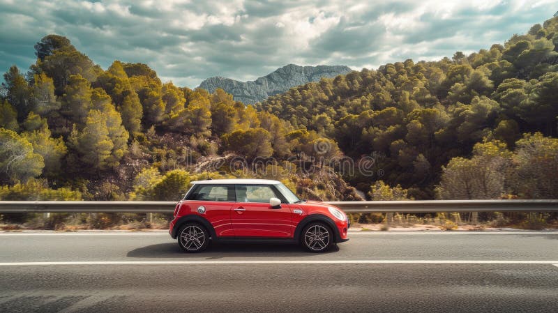 Small Red Car Driving on Road, Perfect for Transportation Concepts ...
