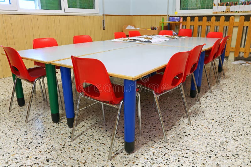 Small Red Chairs and Tables Inside a School Classroom of the Sch Stock ...