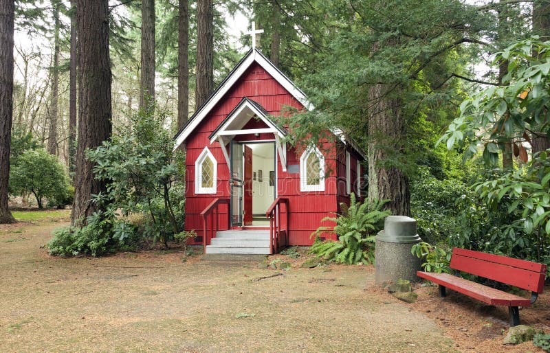 A Small Red Chapel in a Forest, Portland or. Stock Photo - Image of ...