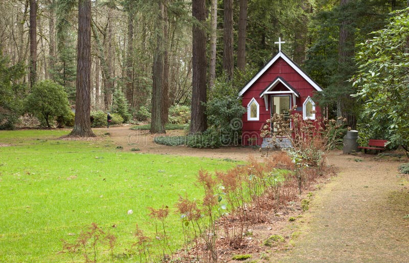 A Small Red Chapel in a Forest, Portland or. Stock Photo - Image of ...