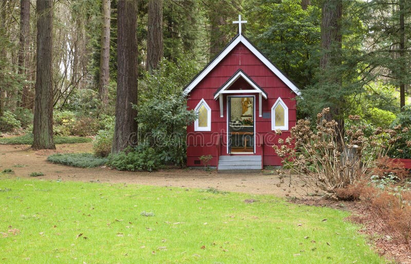 A Small Red Chapel in a Forest, Portland or. Stock Photo - Image of ...