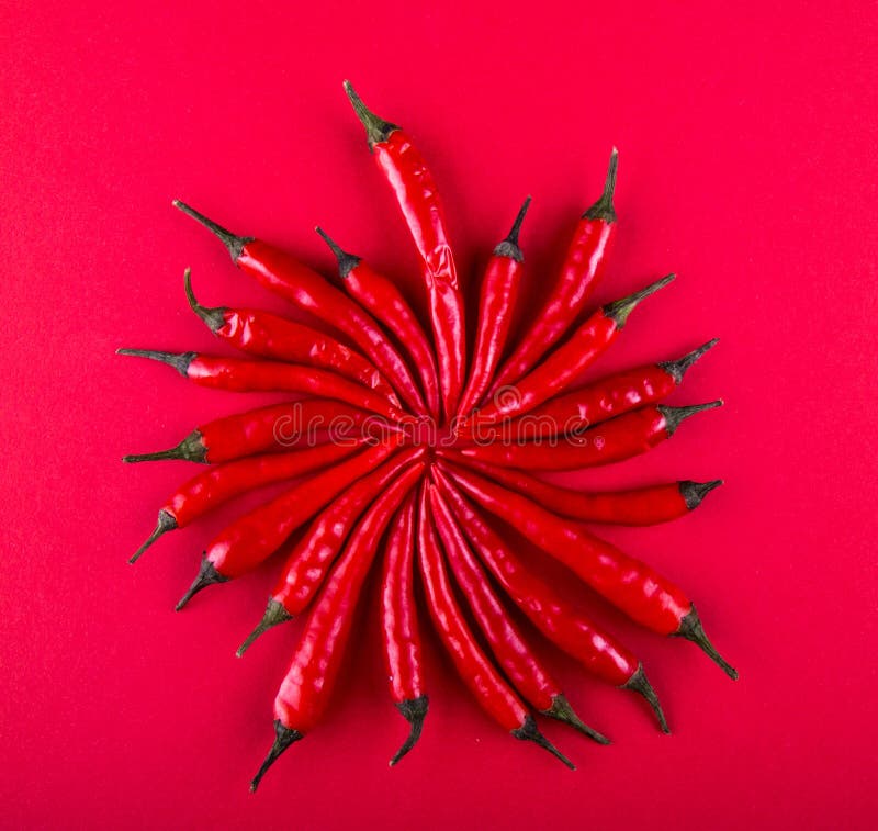 Small Red Chili Peppers in Circle Shape Over on Red Background. Flat ...