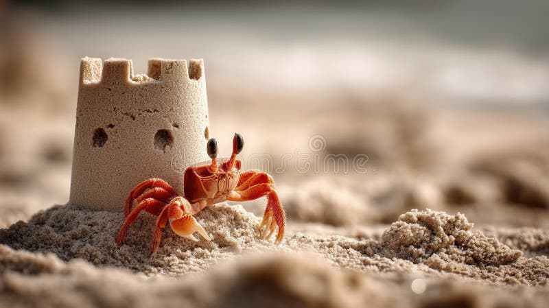 Small Red Crab Exploring Sandcastle on Sunny Beach, Summer Concept ...