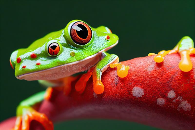 Small Red Eyed Tree Frog Sits on Bright Red Flower Stock Illustration ...