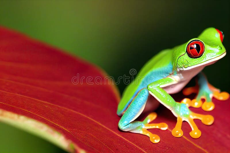 Small Red Eyed Tree Frog Sits on Red Leaf Stock Illustration ...