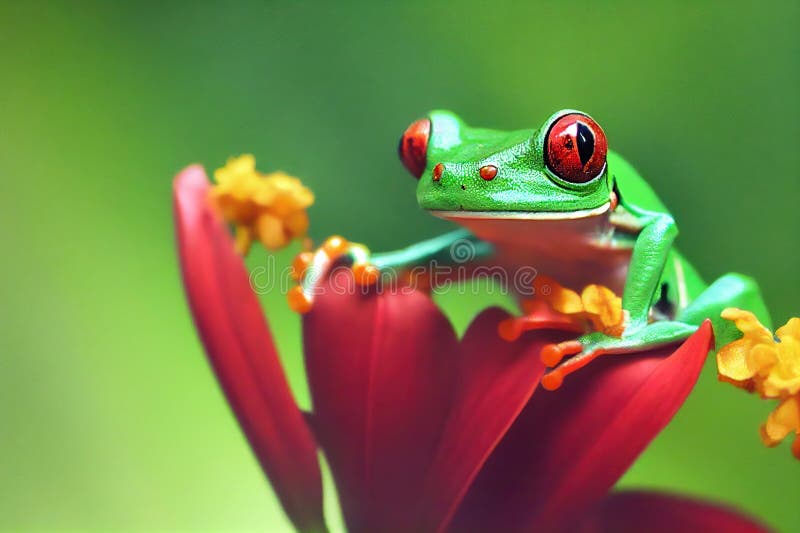 Small Red Eyed Tree Frog Sits on Red Leaf Stock Illustration ...