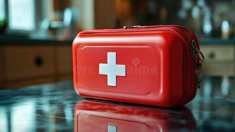 A Small, Red First Aid Kit Placed on a Countertop, Ready for Use Stock ...