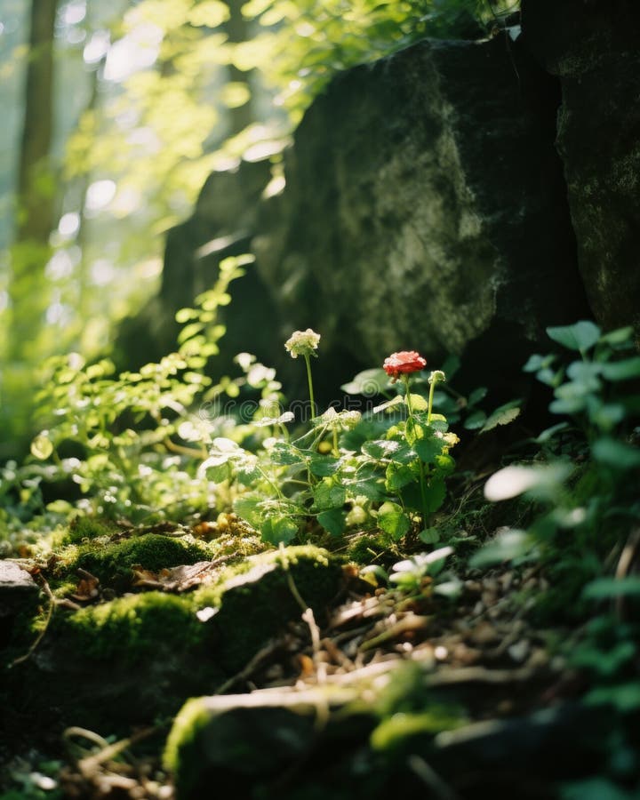 A Small Red Flower Growing in the Middle of a Forest Stock Illustration ...