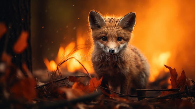 A Small Red Fox Stands Fearfully in Front of a Raging Forest Fire ...
