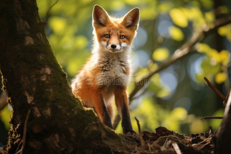 A Small Red Fox Standing Proudly on a Sturdy Tree Branch in the Middle ...