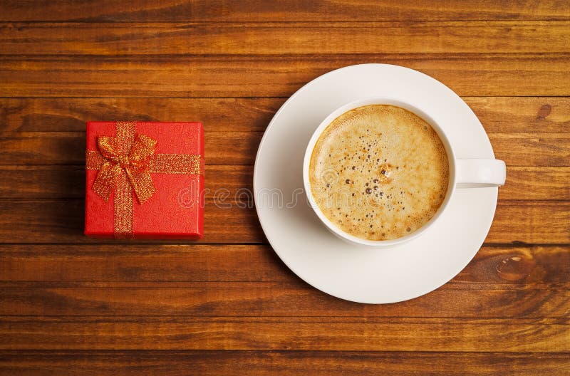 Small Red Gift Box and Cup of Coffee Stock Photo - Image of cafe ...