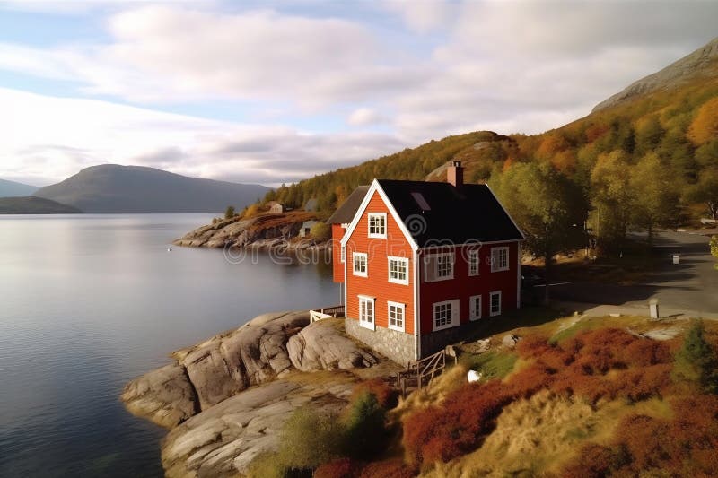 Small red house on cliff stock image. Image of scenery - 321534819