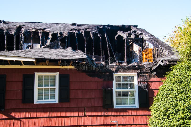 Small Red House with it`s Roof and Top Floor Destroyed by Fire Stock ...