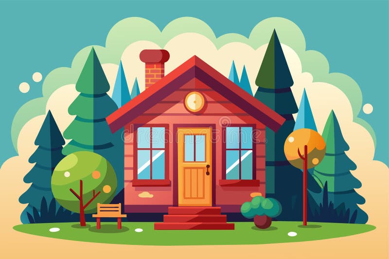 A Small Red House Surrounded by Trees and Bushes in a Forest Setting ...