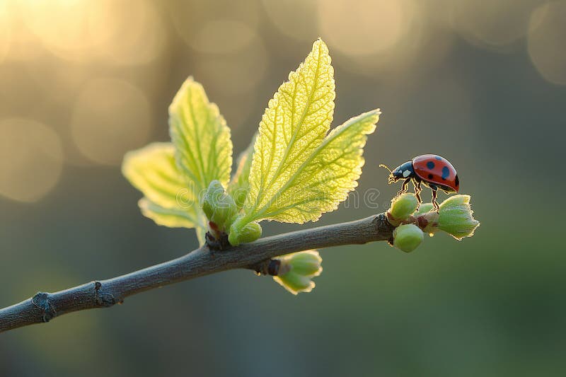 A Small Red Ladybug Crawls on Young Tree Leaves in Spring. Macro Photo ...
