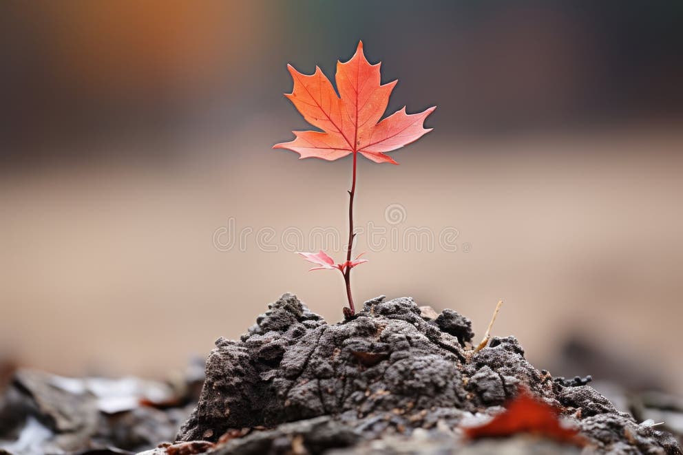 A Small Red Maple Leaf is Growing Out of the Ground Stock Image - Image ...