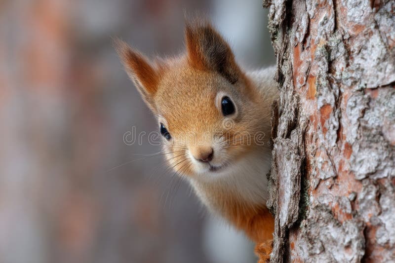 A Small Red Squirrel Peeking Out from Behind a Tree Stock Image - Image ...