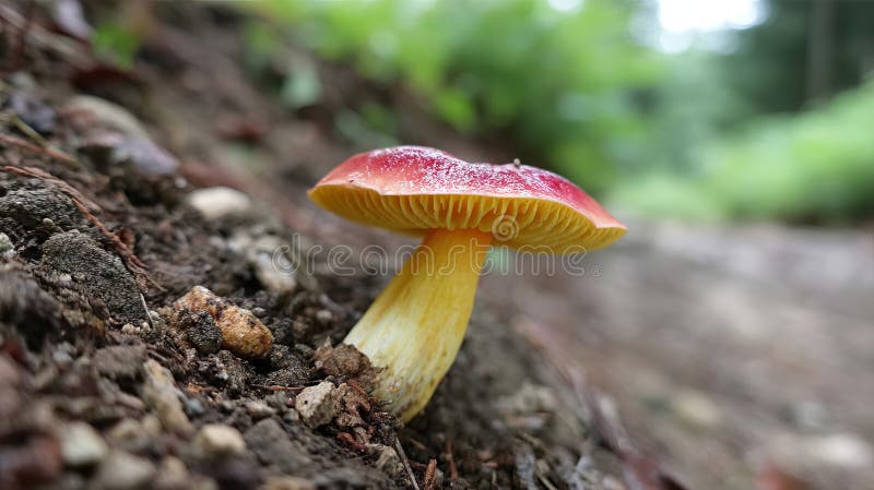 A Small Red and Yellow Mushroom Sitting on the Ground Stock Image ...