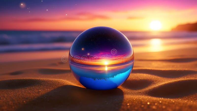 A Small Reflective Glass Ball Sits on a Sandy Beach. Stock Illustration ...
