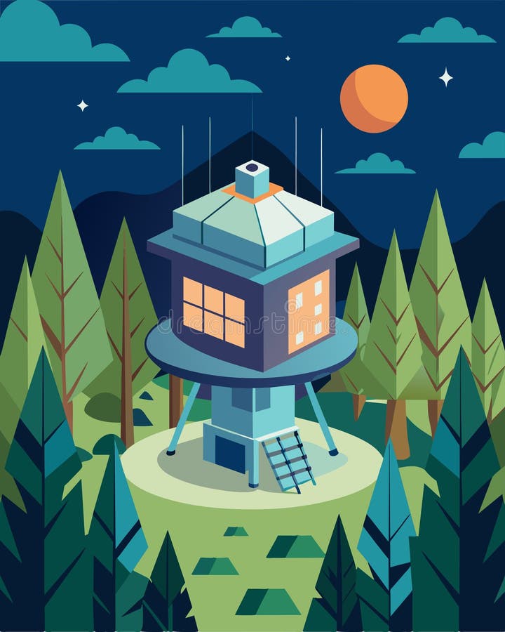 A Small Research Outpost in a Forest with Solar Panels Mounted on Trees ...